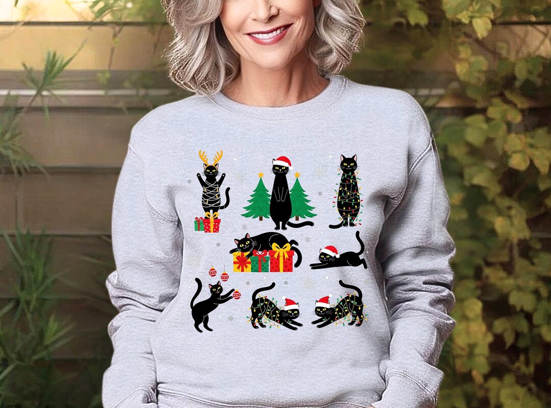 Funny Black Cat Christmas Tree Art, Holiday Cat Chaos Illustration ...