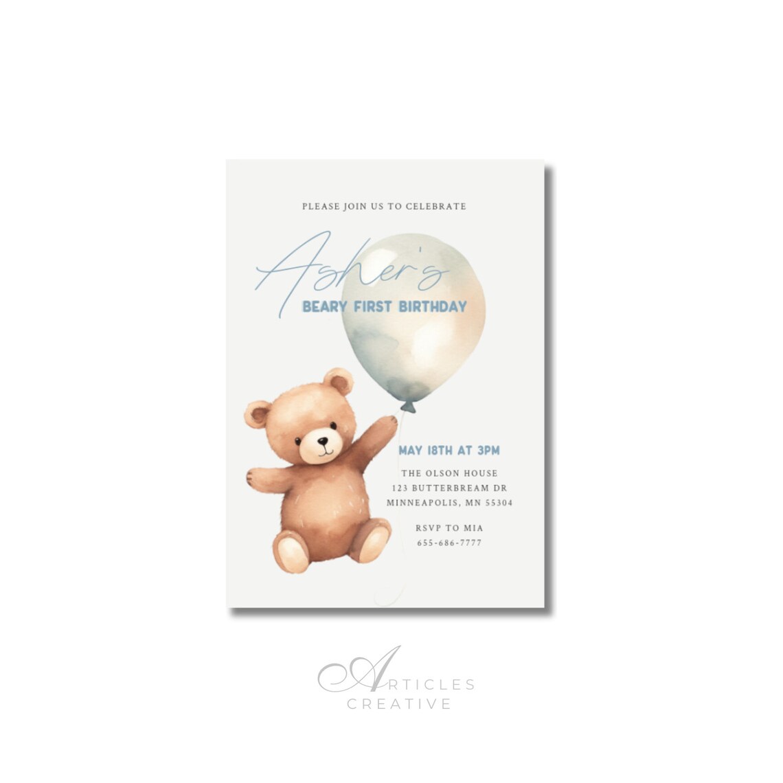 Editable Beary First Birthday Invitation, Minimalist Bear First ...