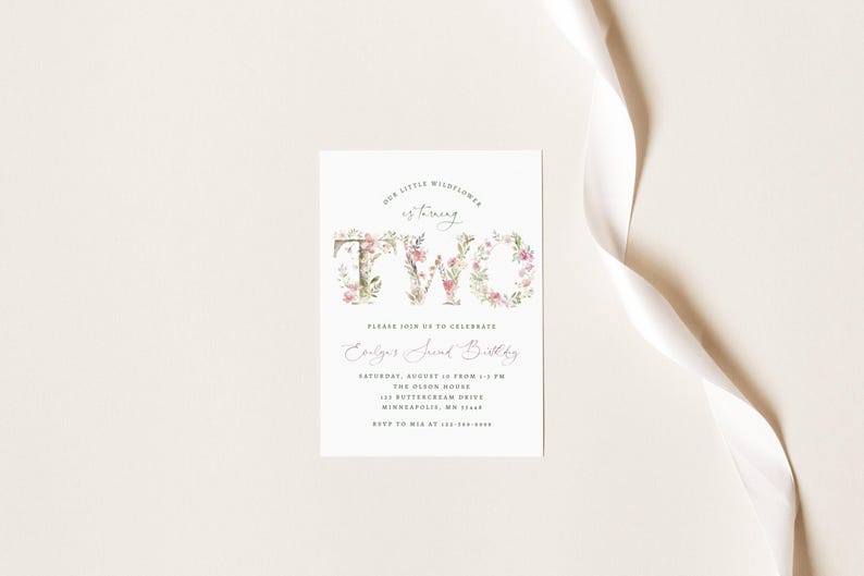 Editable Wildflower 2nd Birthday Invitation Wildflower Second Download ...