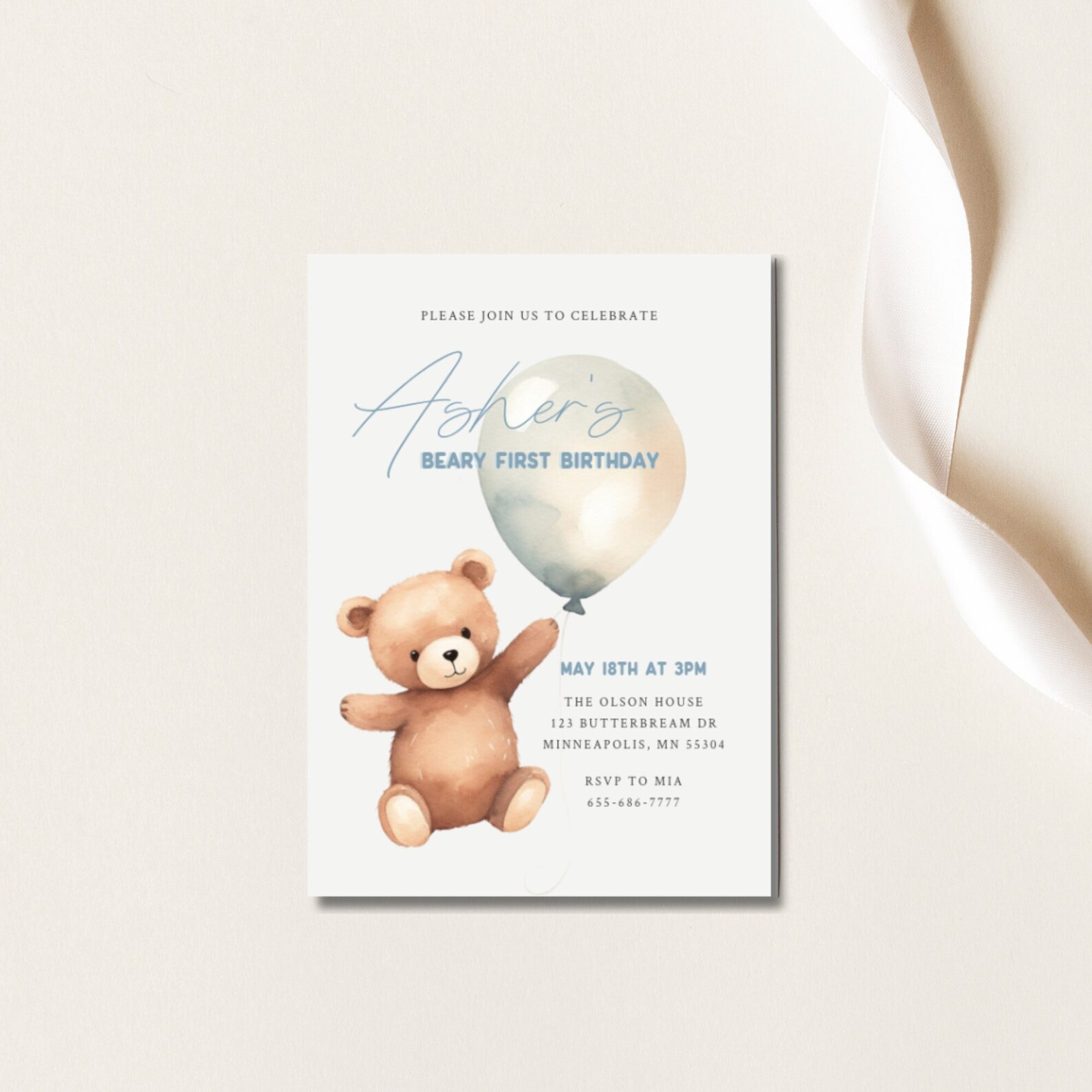 Editable Beary First Birthday Invitation, Minimalist Bear First ...