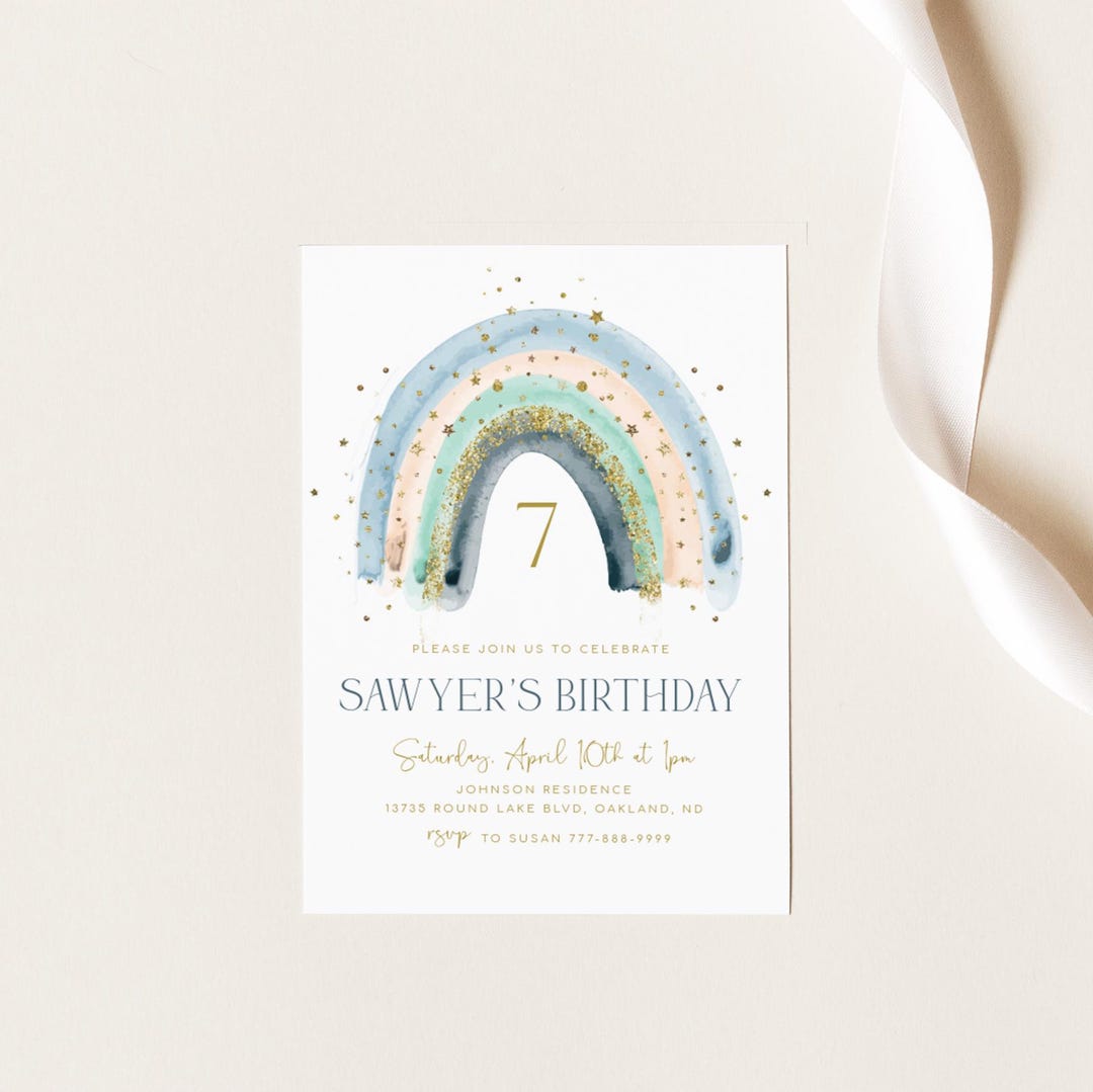 Editable Muted Rainbow Birthday Invitation Instant Download Blue ...