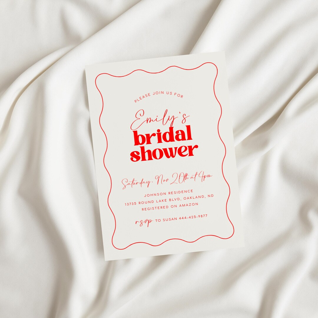Editable Wavy Bridal Shower Invitation Instant Download Modern Red Bridal Shower Invite Wave ...