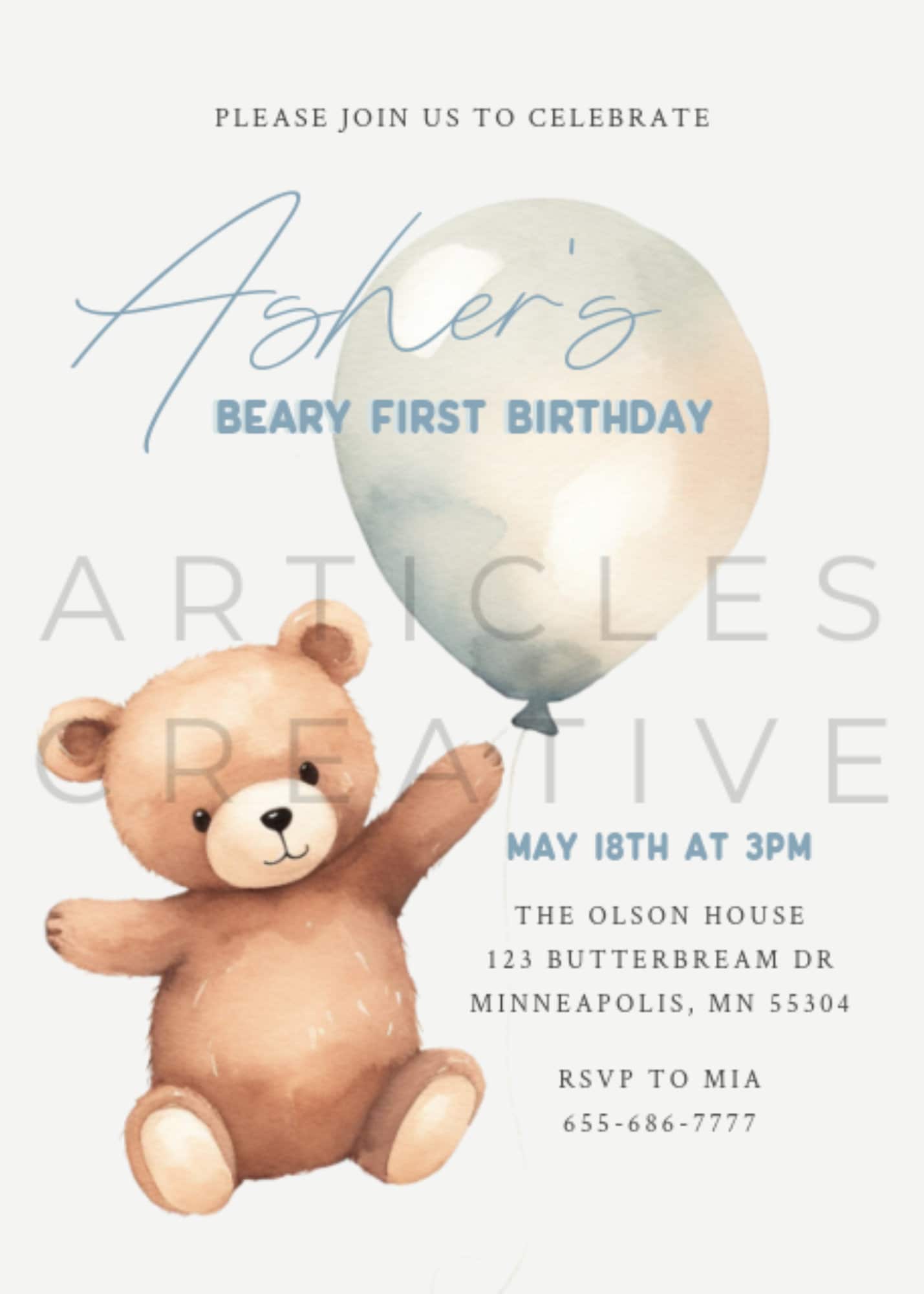 Editable Beary First Birthday Invitation, Minimalist Bear First ...