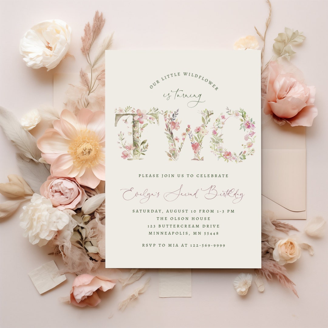 Editable Wildflower 2nd Birthday Invitation Wildflower Second Download ...