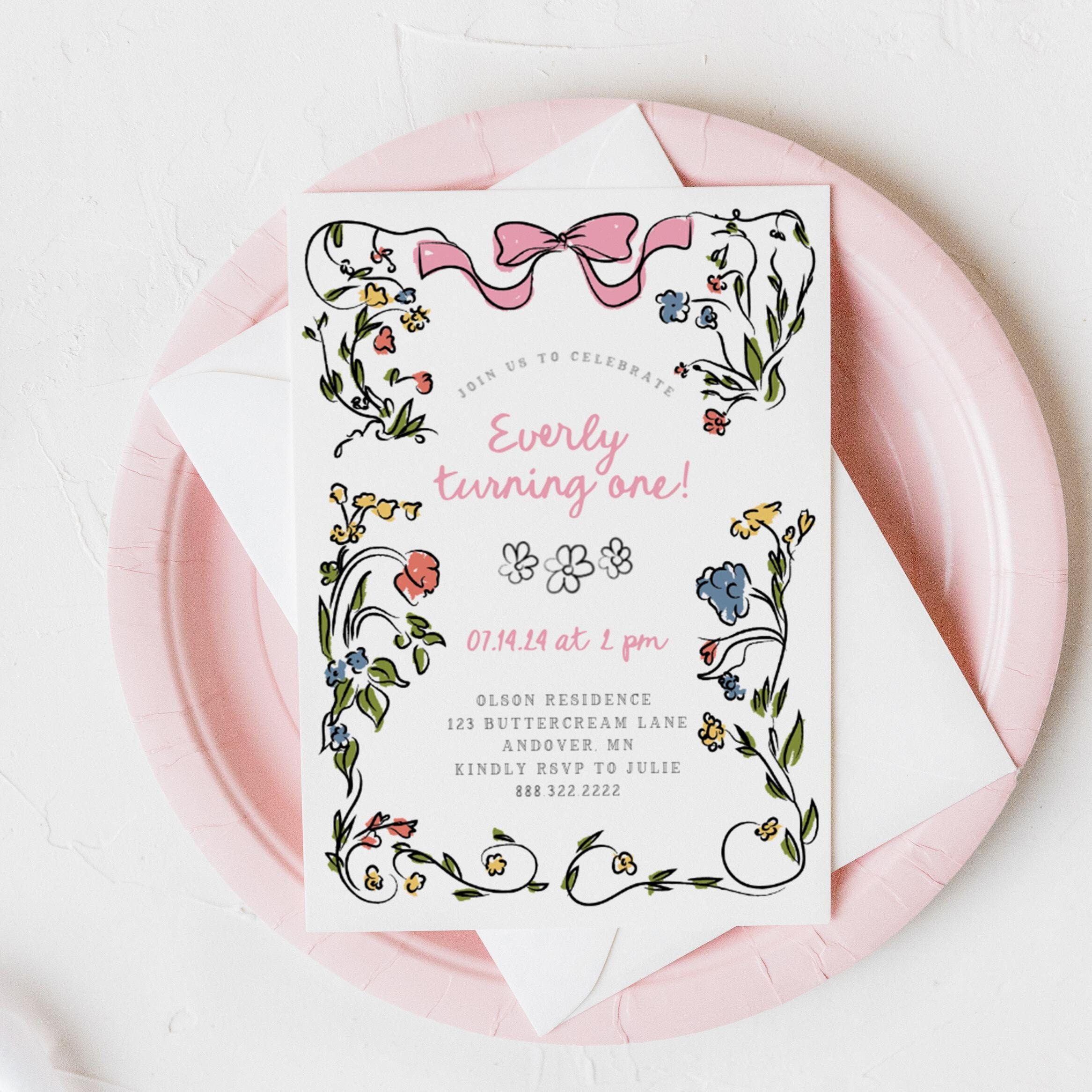 Editable Hand Drawn Flower Birthday Invitation Instant Download ...