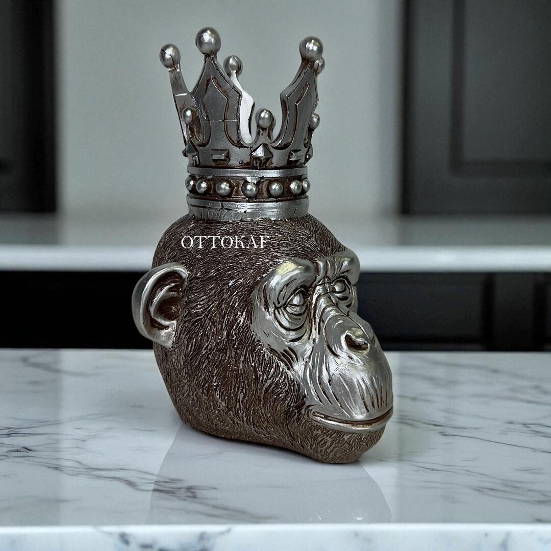 Royal Crowned Monkey Head Sculpture • Whimsical Metallic Animal Bust ...