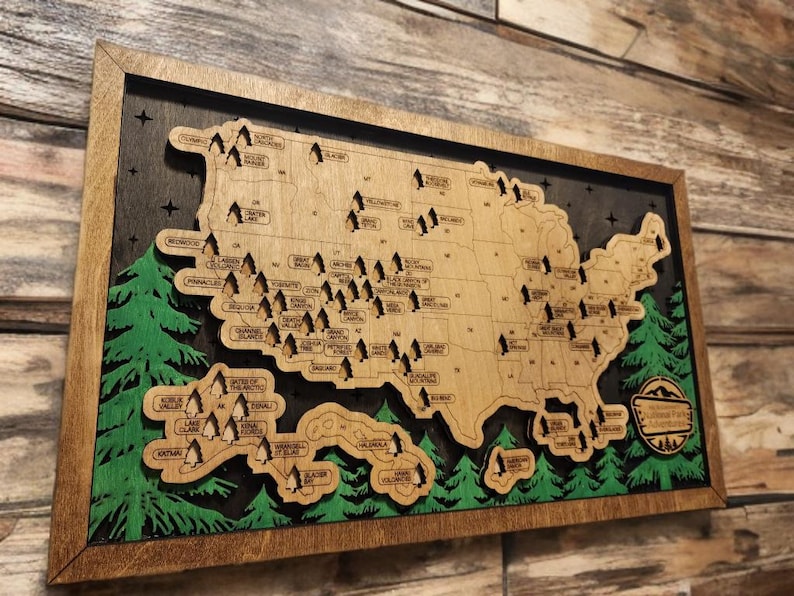 USA National Parks Map – Custom Wood Travel Map With Trees – National ...