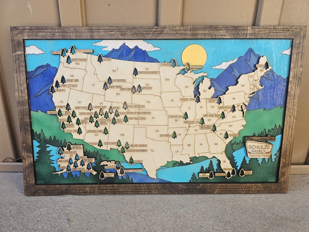 USA National Parks Map – Custom Wood Travel Map With Trees – National ...