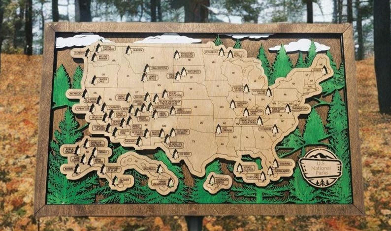 USA National Parks Map – Custom Wood Travel Map With Trees – National ...