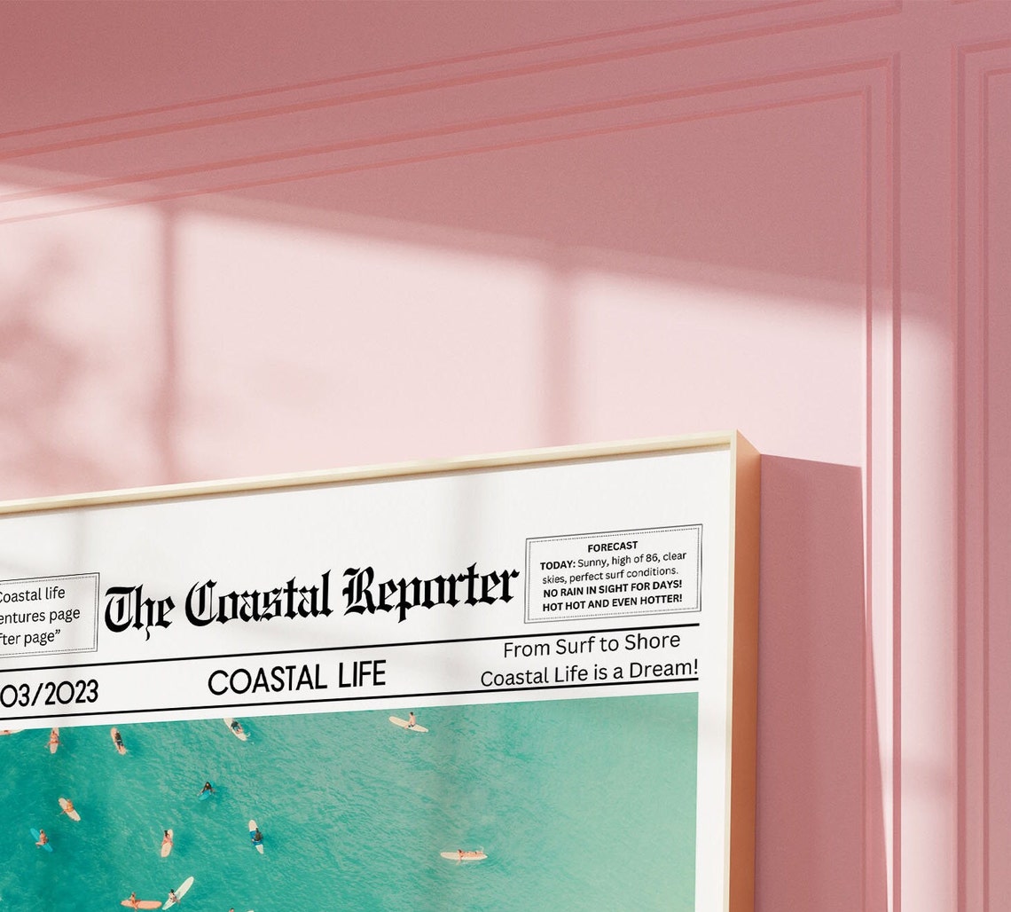 Coastal Beach Newspaper Print, Beachy Wall Art Print, Retro Wall Art ...