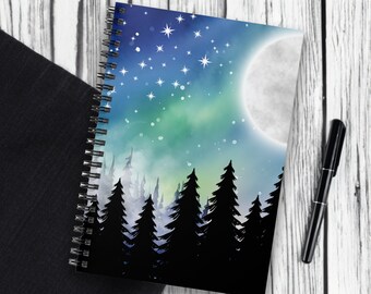 Northern Lights Moon Spiral Notebook, 118 Ruled Line Pages, Aurora ...