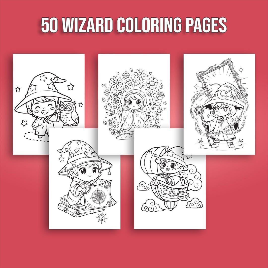 50 Chibi Wizard Coloring Pages Bundle, Kawaii Witch Magic School ...