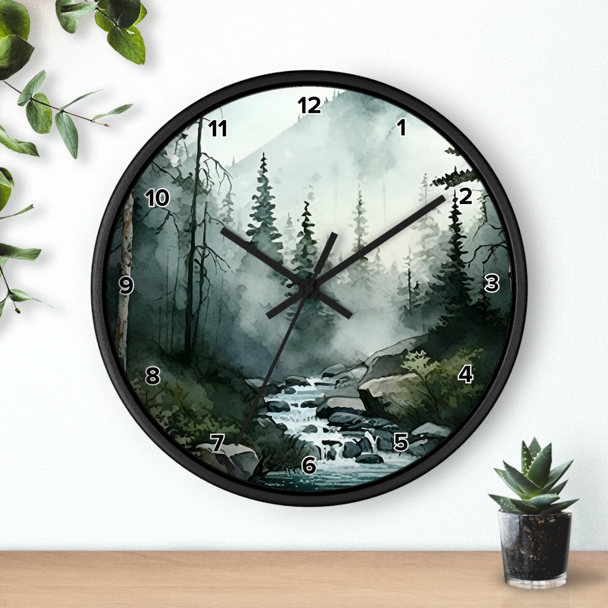 Watercolor Fir Trees and Woodland Wall Clock With Numbers, Evergreen ...