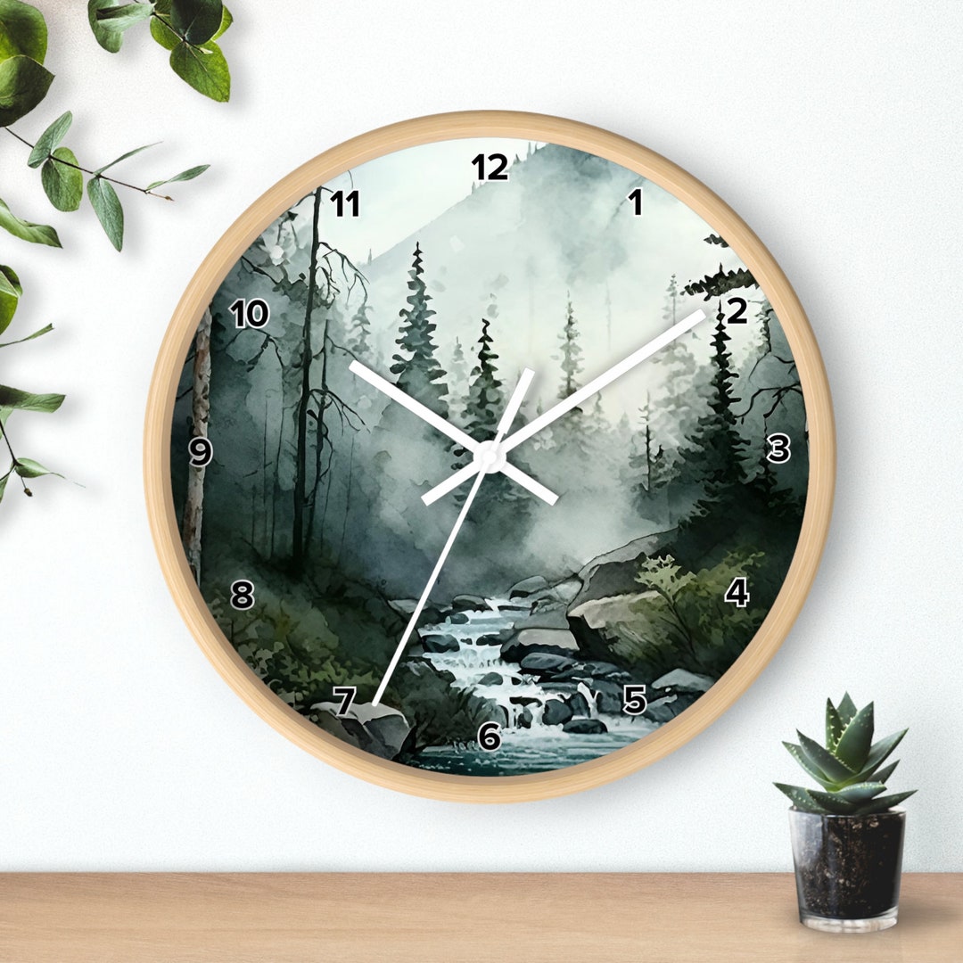 Watercolor Fir Trees and Woodland Wall Clock With Numbers, Evergreen ...