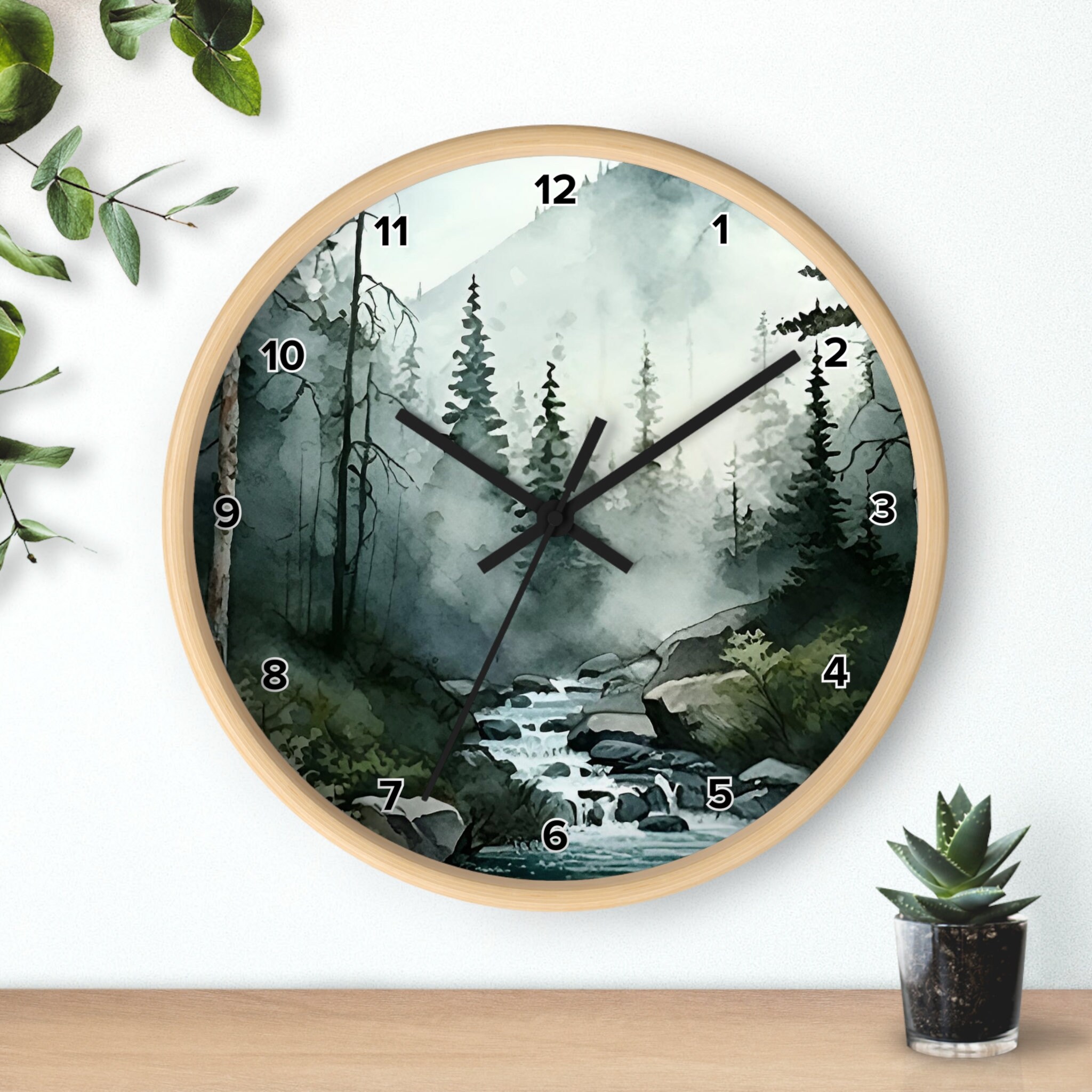 Watercolor Fir Trees and Woodland Wall Clock With Numbers, Evergreen ...