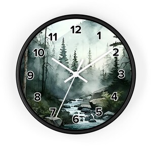 Watercolor Fir Trees and Woodland Wall Clock With Numbers, Evergreen ...