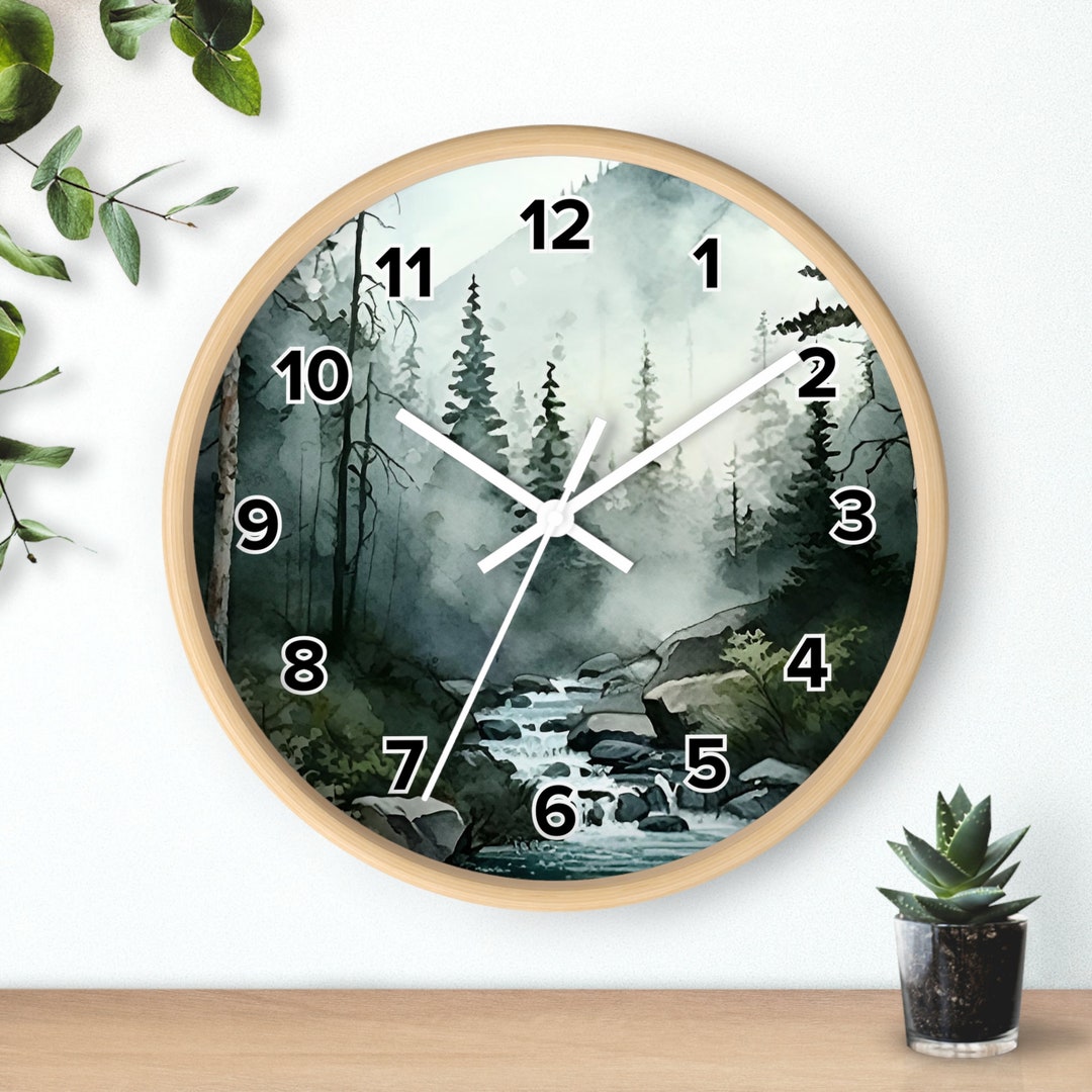 Watercolor Fir Trees and Woodland Wall Clock With Numbers, Evergreen ...