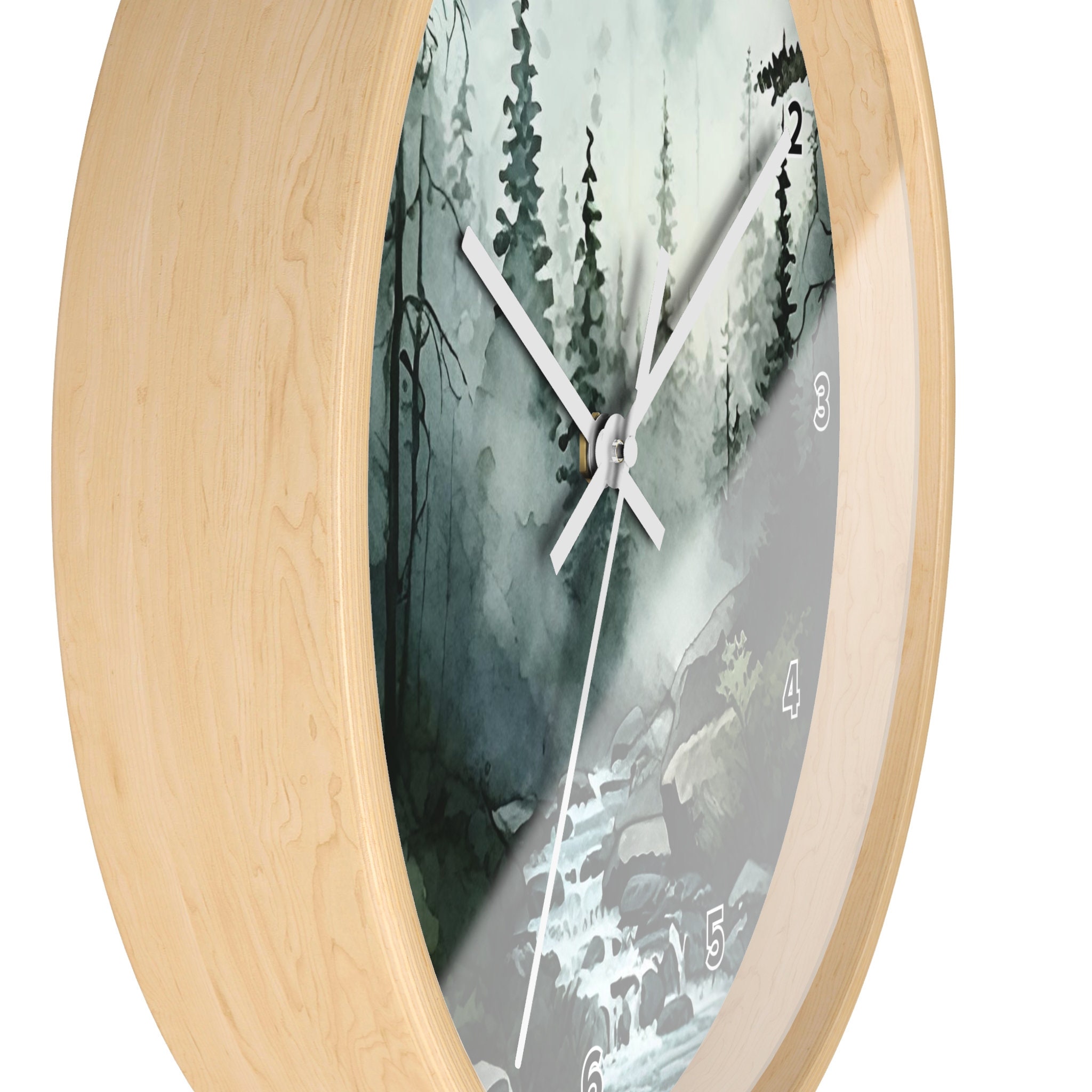 Watercolor Fir Trees and Woodland Wall Clock With Numbers, Evergreen ...