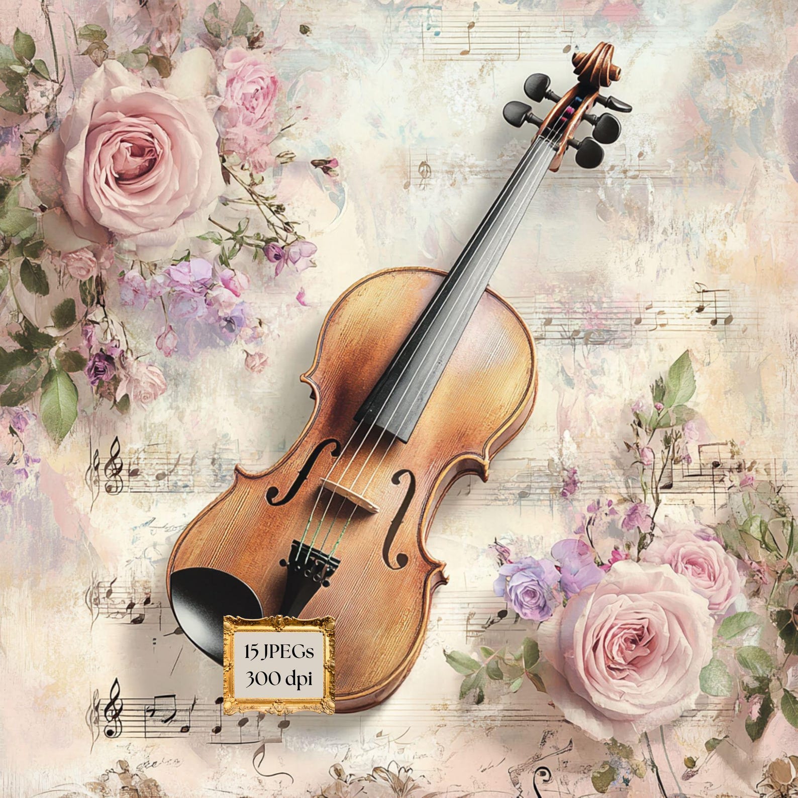 Shabby Chic Floral Violin on Music Sheet Clipart Bundle- 15 High ...