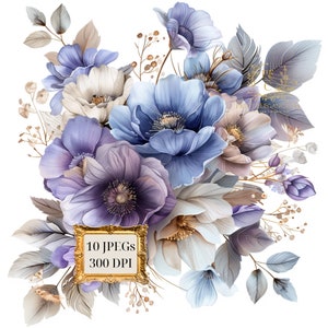 Purple Floral Clipart, Lavender and Blue Watercolor Flowers, Commercial ...