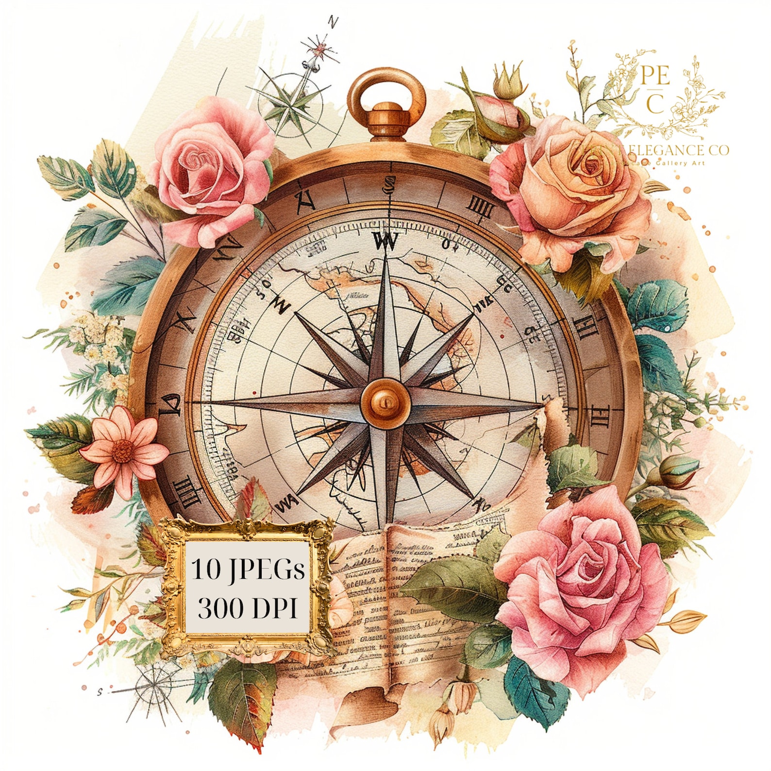 Shabby Chic Floral Compass With Map Clipart Bundle 10 High Quality ...