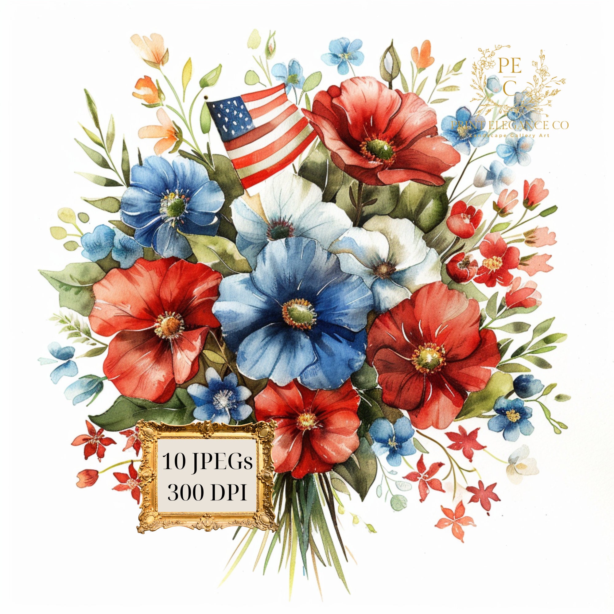 Watercolor Patriotic Floral Bouquet Clipart - Red White and Blue Floral ...