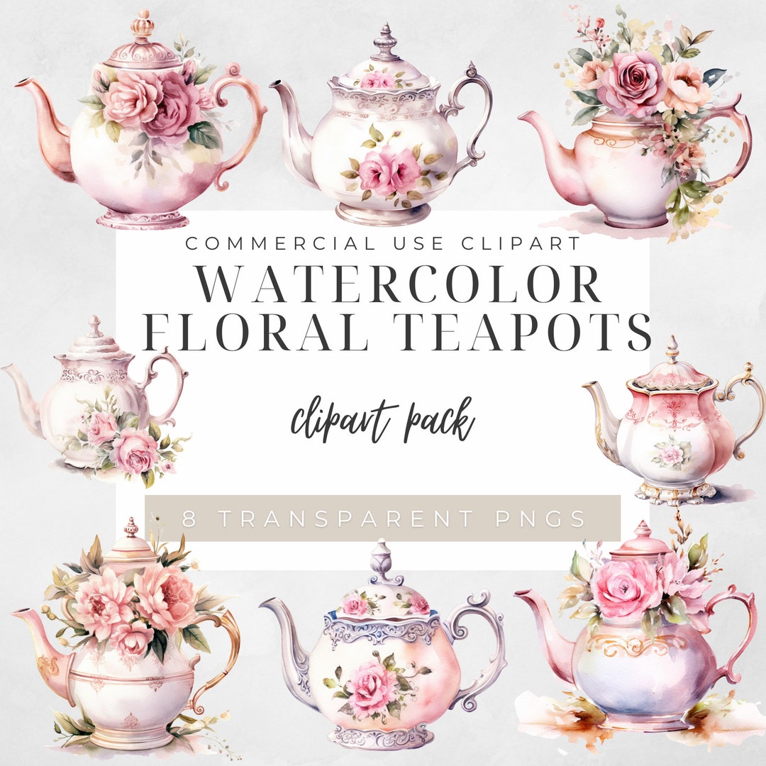 Watercolor Floral Teapots 8 Pngs, Clipart, Commercial Use, Transparent ...