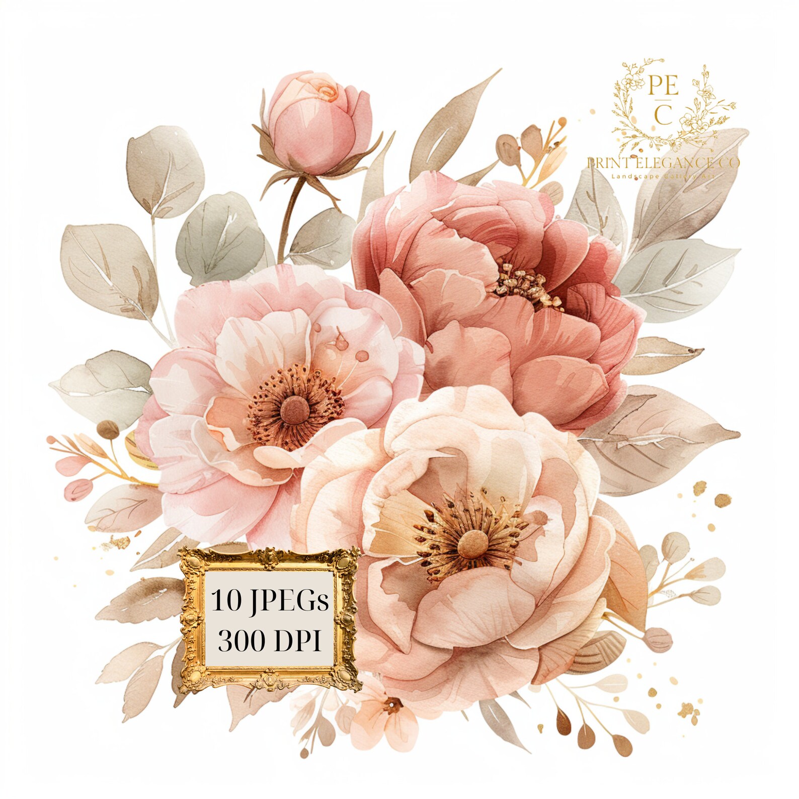 Blush and Gold Floral Clipart, Blush and Gold Watercolor Flowers ...