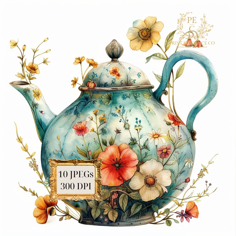 Whimsical Magic Blue Floral Teapot Clipart Bundle 10 High Quality ...