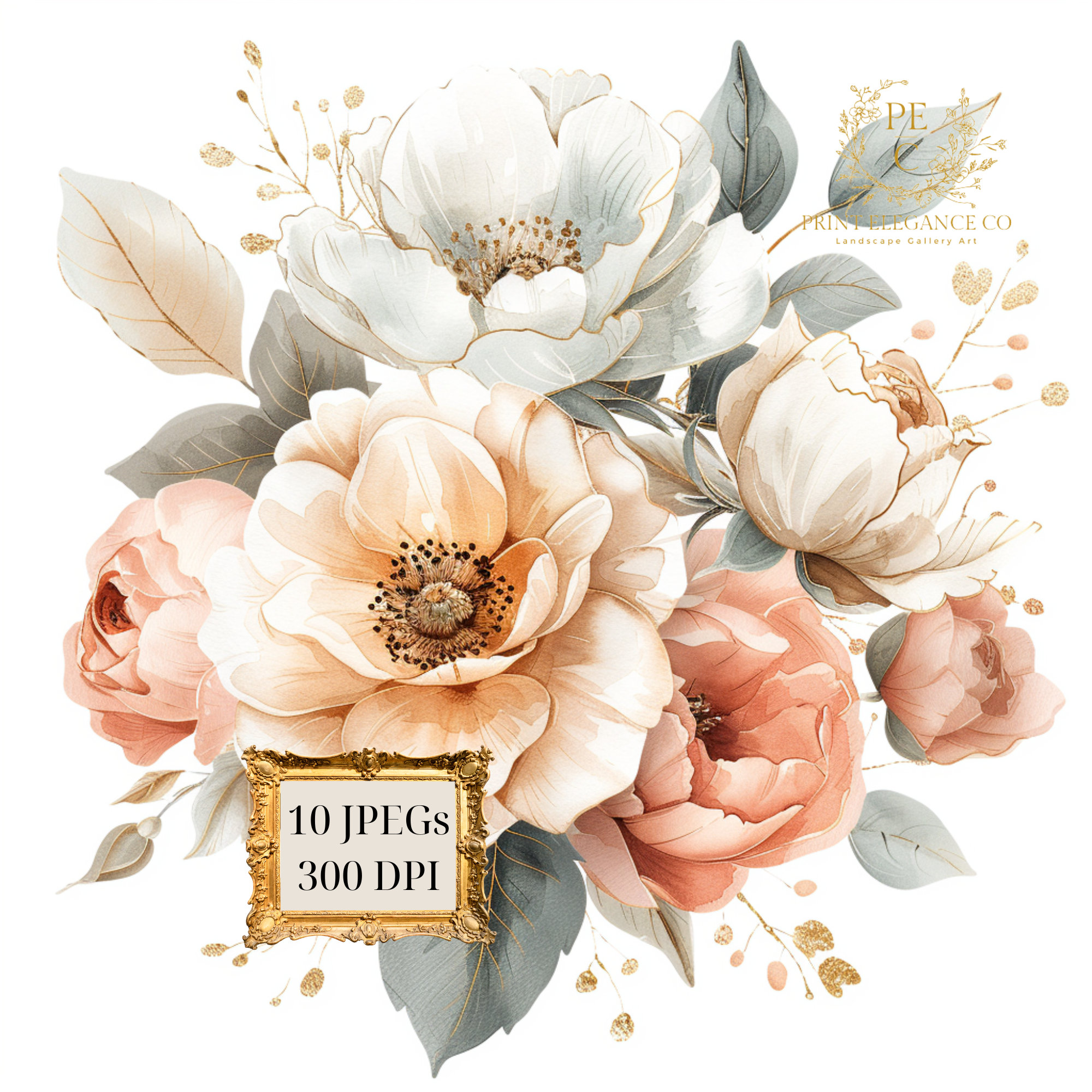 Blush and Gold Floral Clipart, Blush and Gold Watercolor Flowers ...