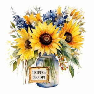 Watercolor Sunflower Clipart, Summer Clipart, Sunflower Floral Bouquets ...
