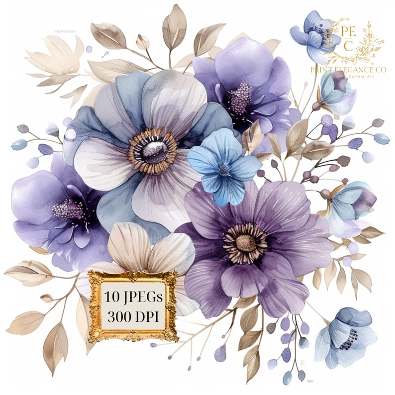 Purple Floral Clipart, Lavender and Blue Watercolor Flowers, Commercial ...