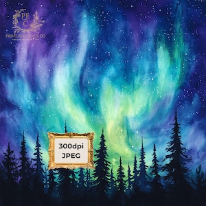 Watercolor Northern Lights Digital Paper Watercolor Aurora Borealis ...