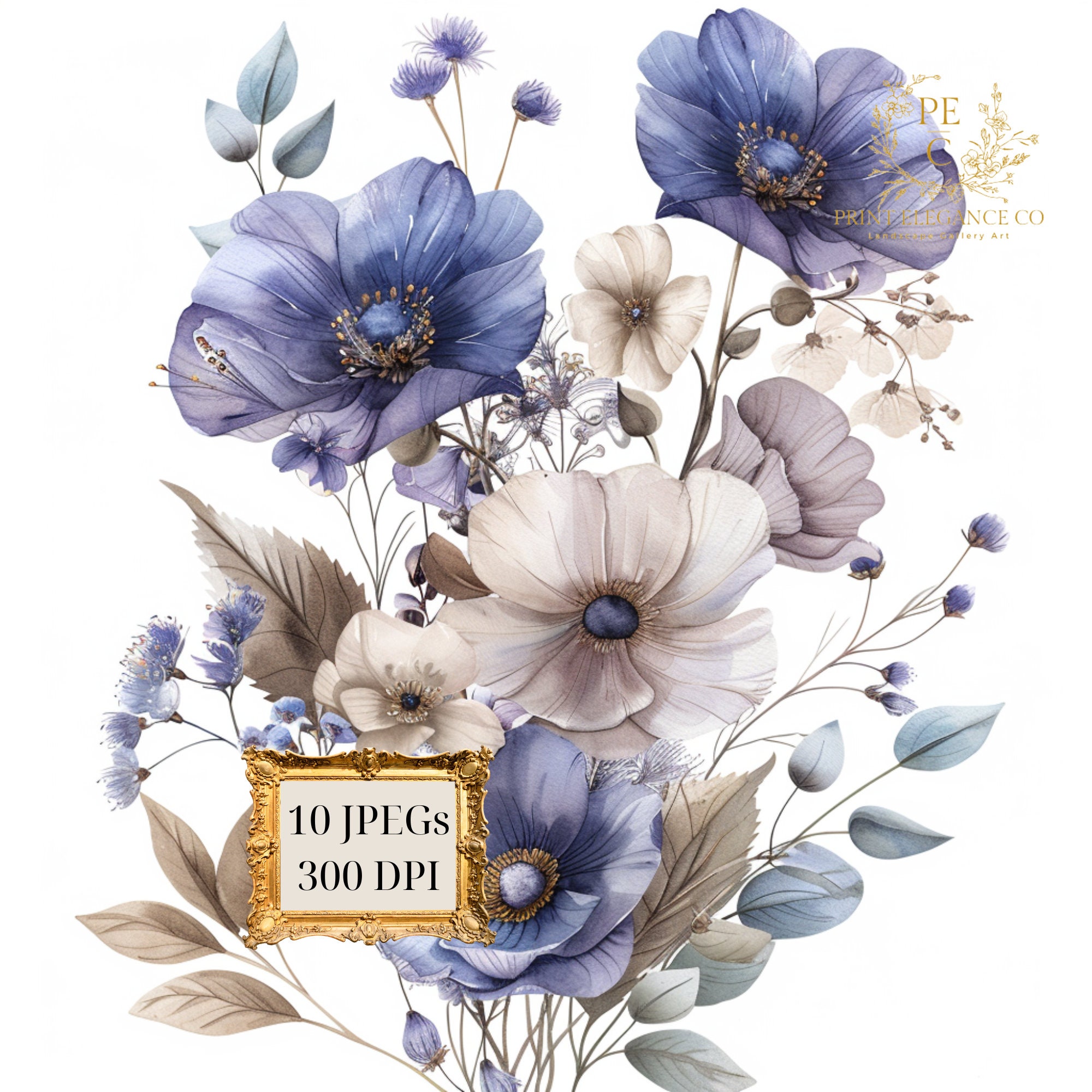 Purple Floral Clipart, Lavender and Blue Watercolor Flowers, Commercial ...