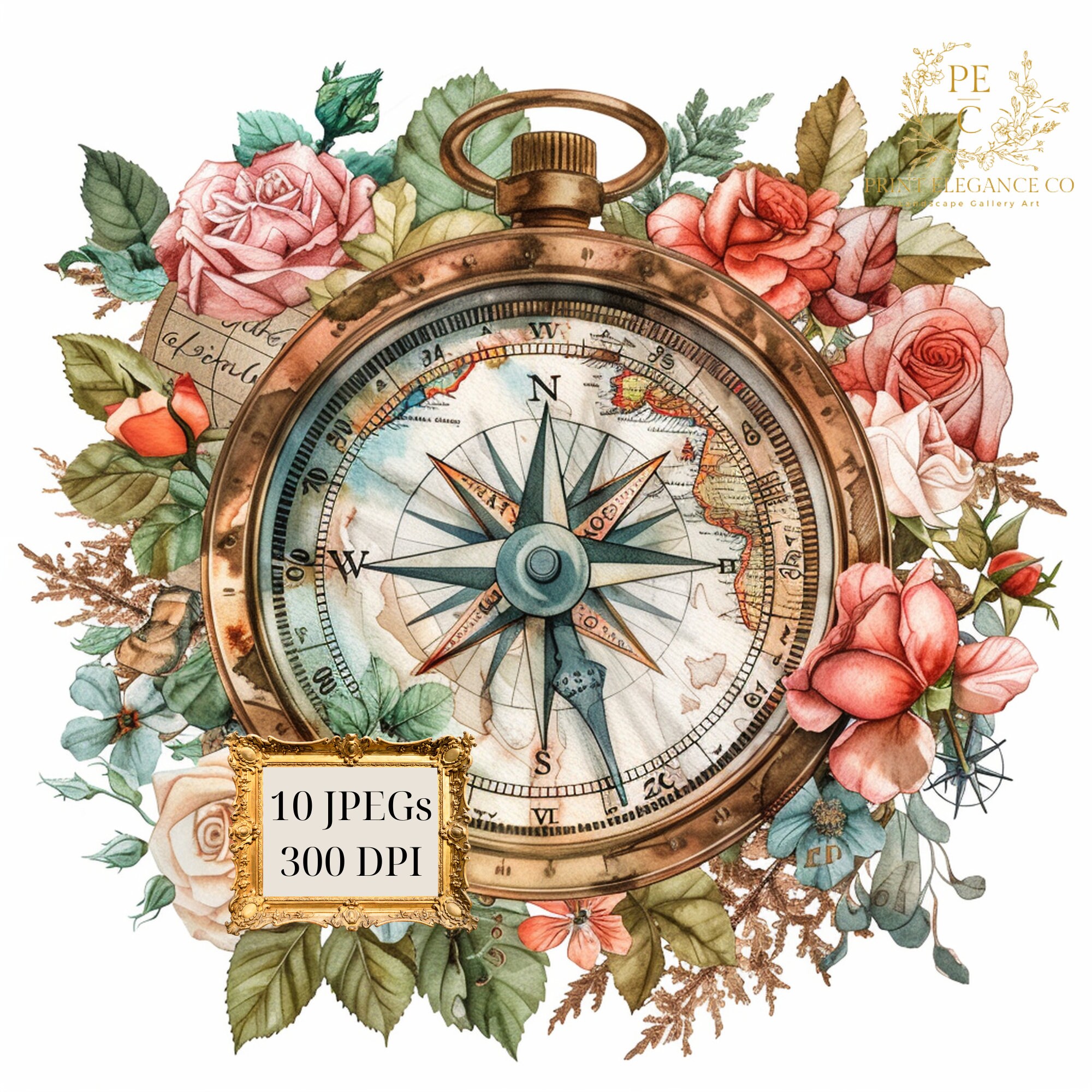 Shabby Chic Floral Compass With Map Clipart Bundle 10 High Quality ...
