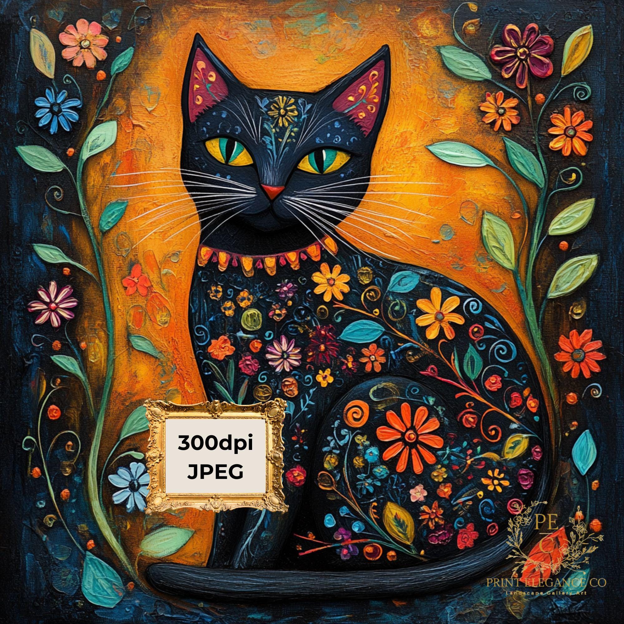 Whimsical Floral Black Cat Digital Paper Floral Black Cat Scrapbook ...