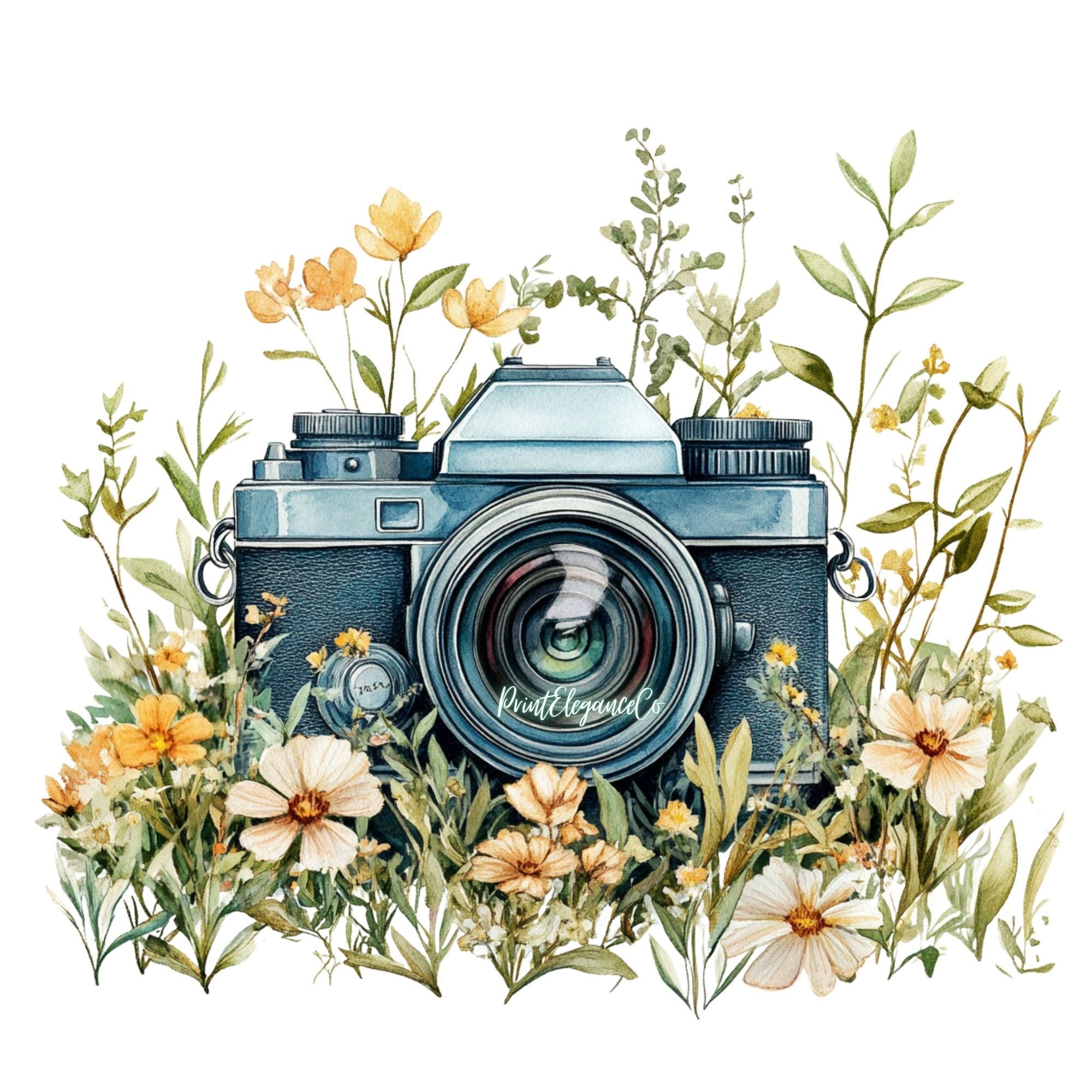 Watercolor Vintage Camera Floral Clipart, 10 High Quality PNG Files ...