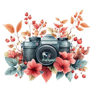 Watercolor Vintage Camera Floral Clipart, 10 High Quality PNG Files ...