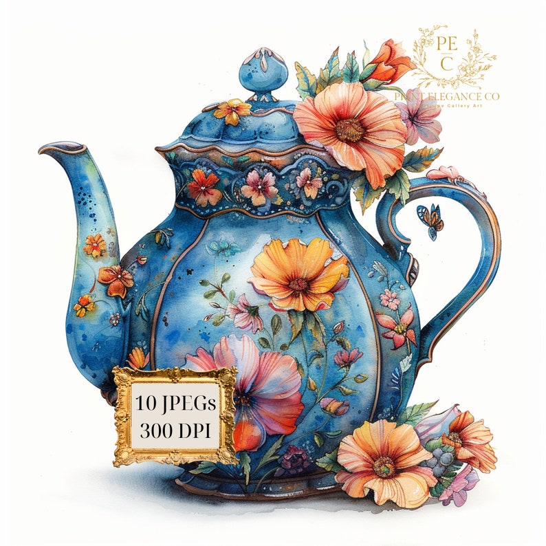 Whimsical Magic Blue Floral Teapot Clipart Bundle- 10 High Quality ...