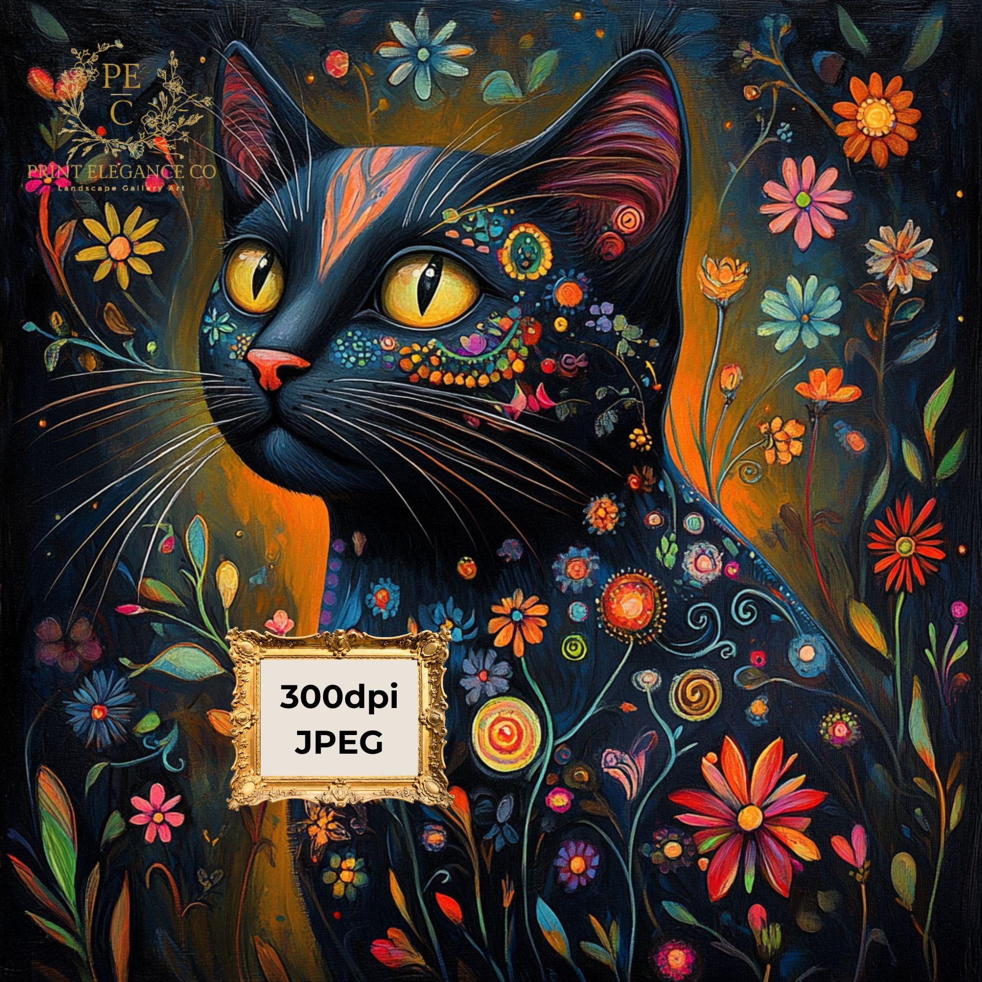 Whimsical Floral Black Cat Digital Paper Floral Black Cat Scrapbook ...