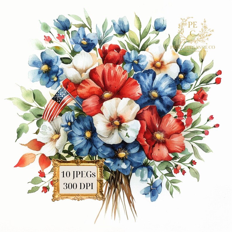 Watercolor Patriotic Floral Bouquet Clipart Red White and Blue Floral ...