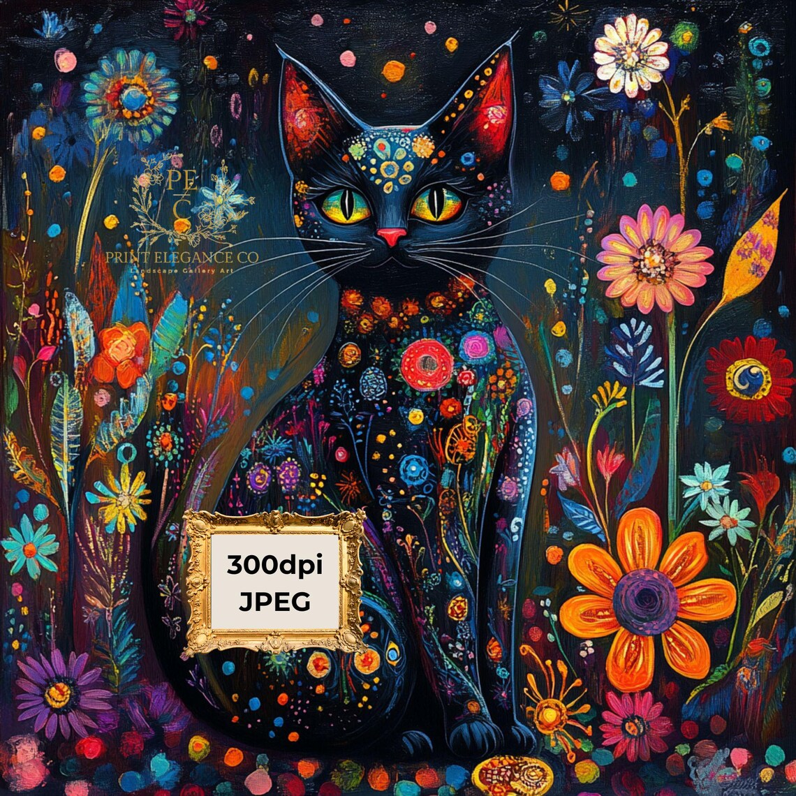 Whimsical Floral Black Cat Digital Paper Floral Black Cat Scrapbook ...