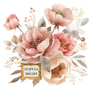Blush and Gold Floral Clipart, Blush and Gold Watercolor Flowers ...
