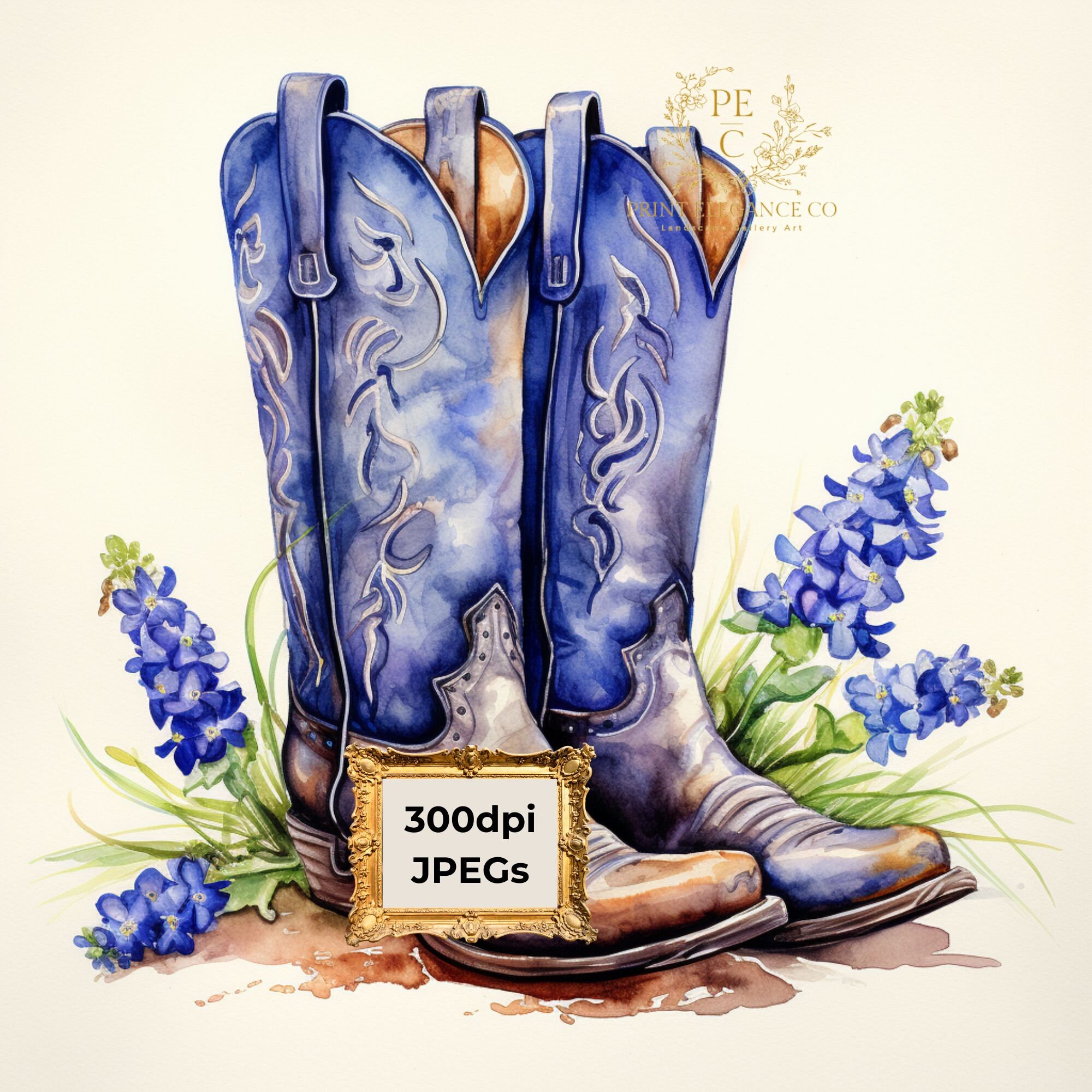 Western Charm: Cowboy Boots and Blue Bonnets Watercolor Clipart Bundle ...