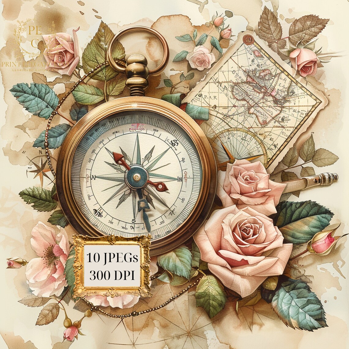 Shabby Chic Floral Compass With Map Clipart Bundle 10 High Quality ...