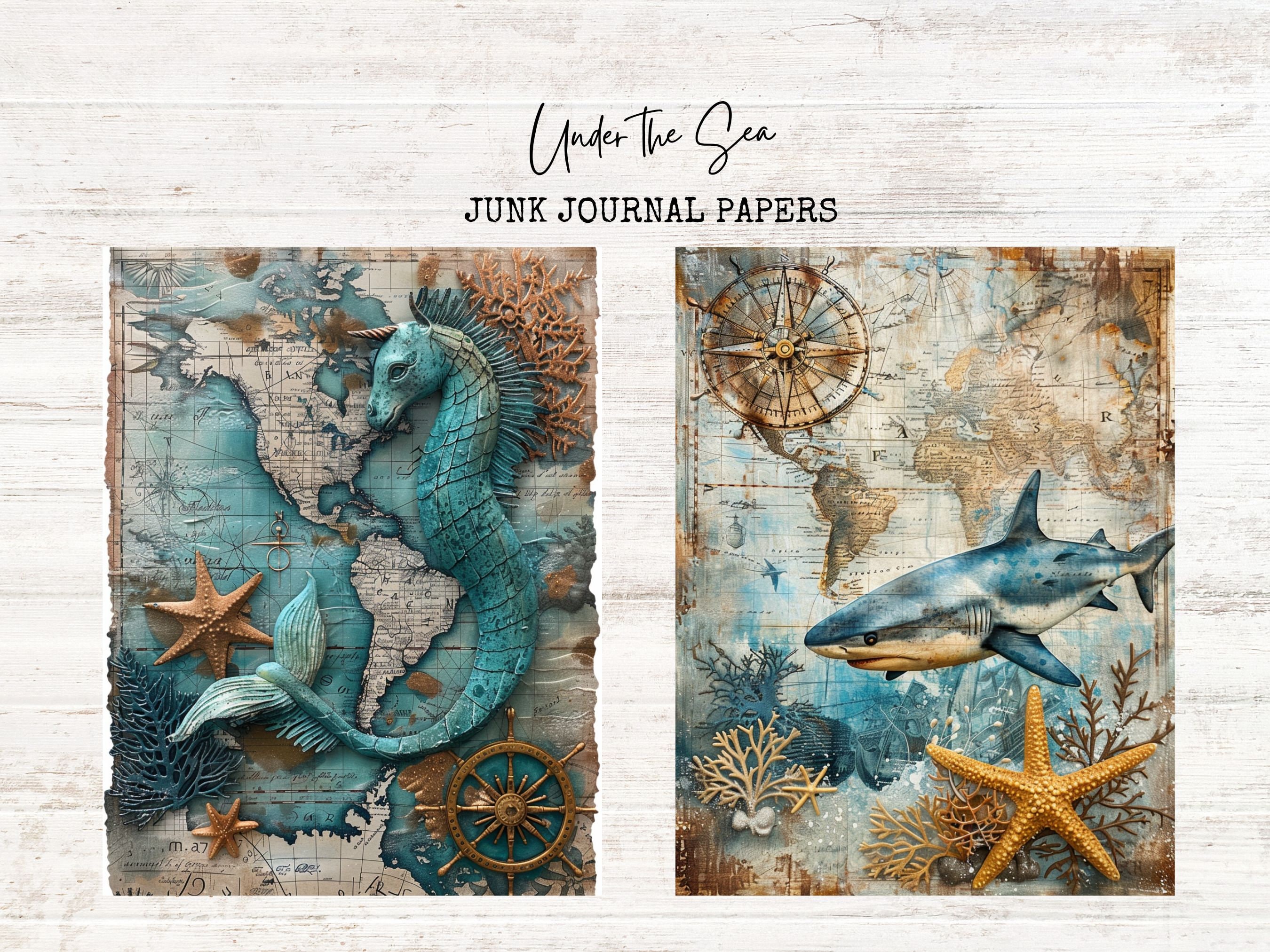 Under the Sea Junk Journal Pages Vintage Blue Nautical Ocean Journal ...