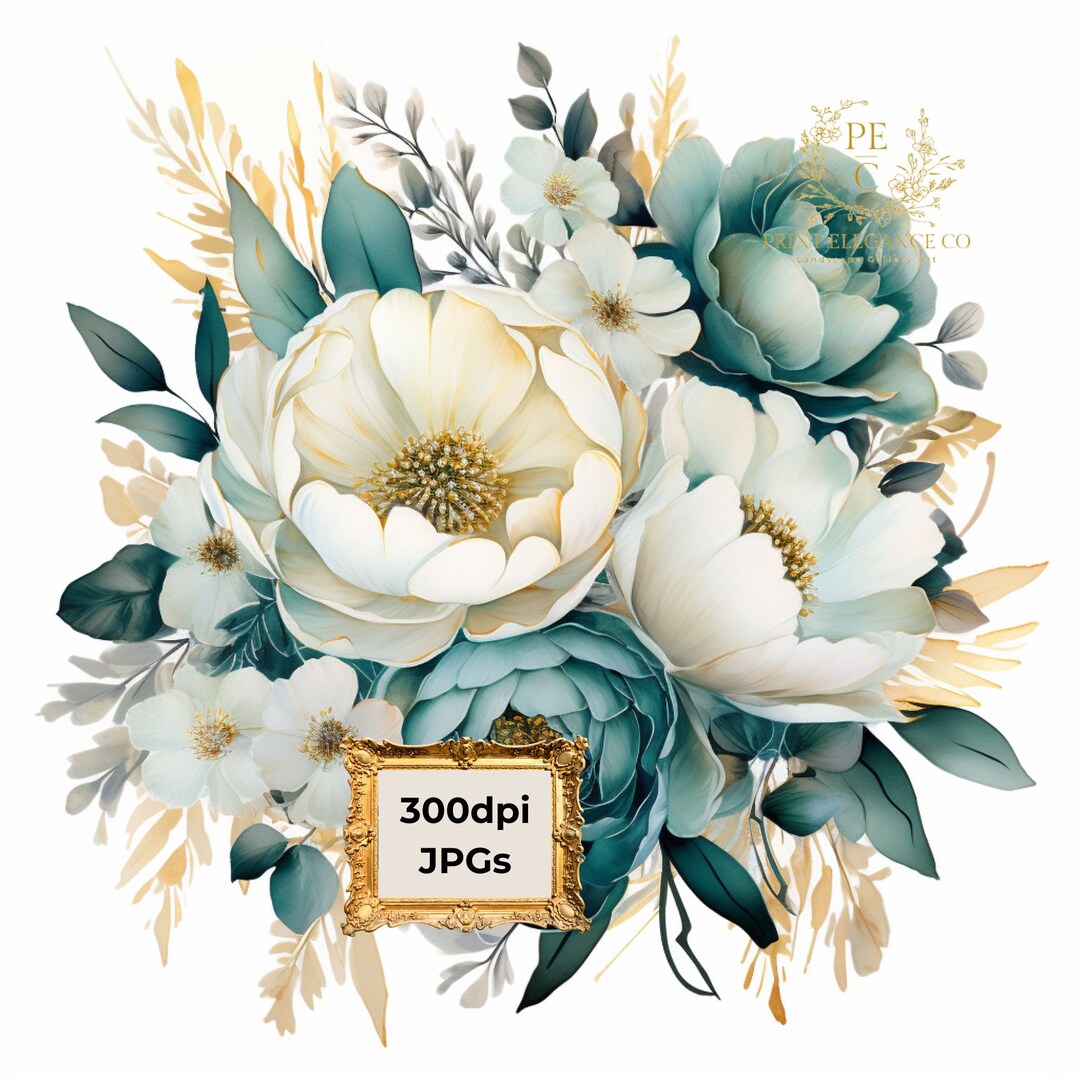 Teal and White Floral Clipart, Teal and White Watercolor Flowers ...
