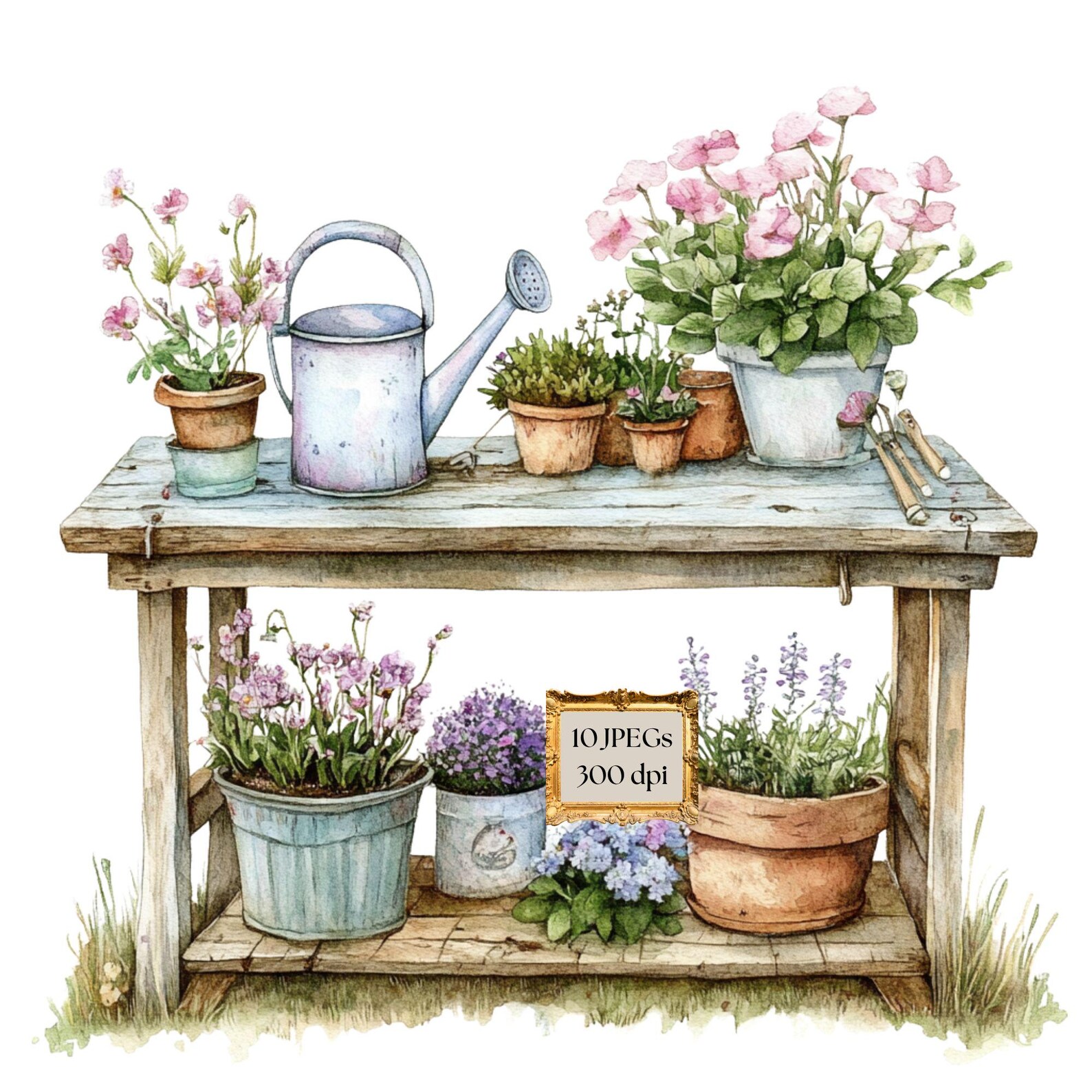 Vintage Gardening Tools Clipart Bundle- 10 High Quality Watercolor Jpgs ...