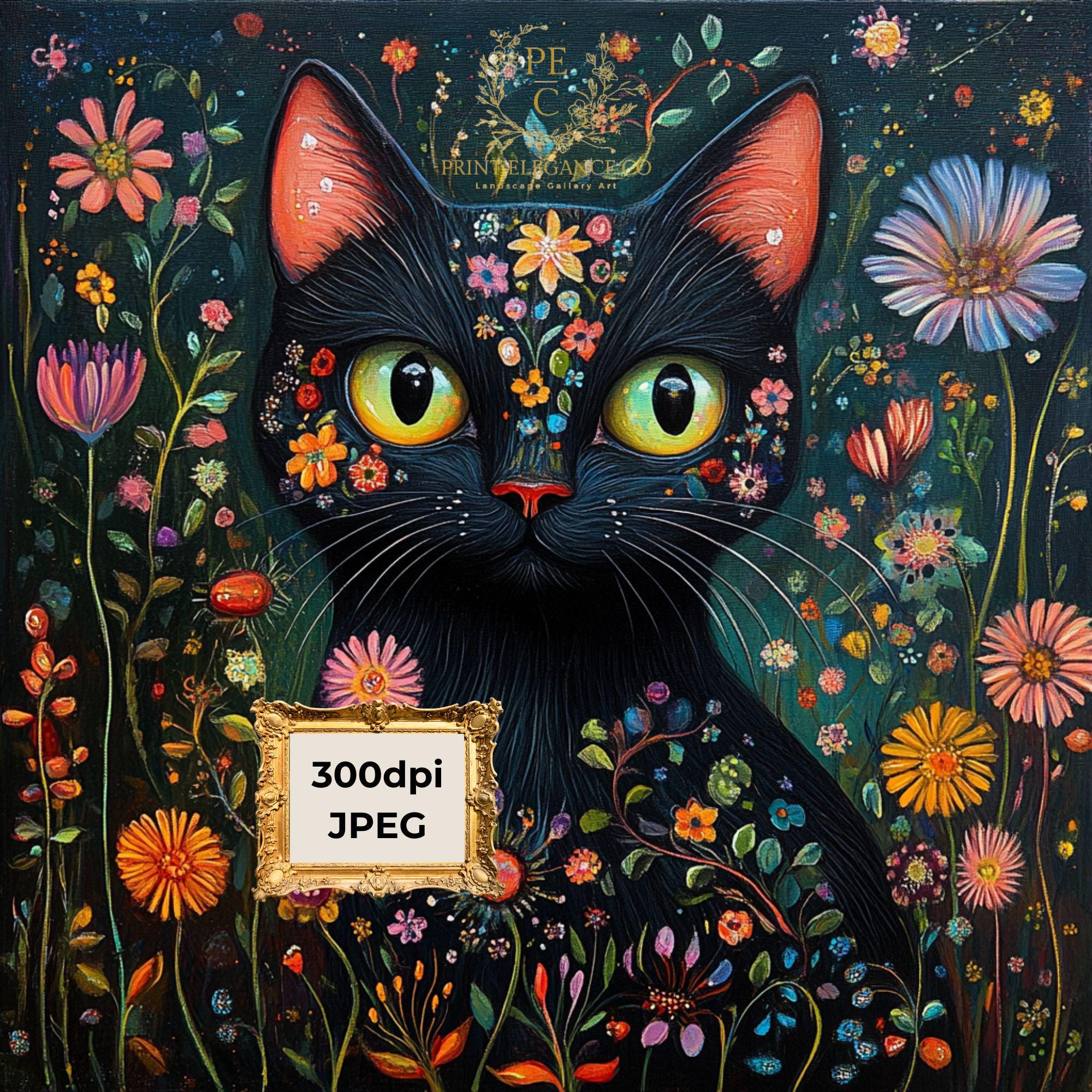 Whimsical Floral Black Cat Digital Paper Floral Black Cat Scrapbook ...
