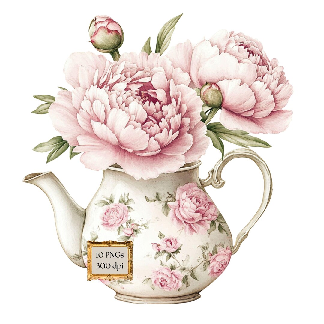 Watercolor Floral Teapots Clipart - Vintage Teapots With Peonies, Tea ...